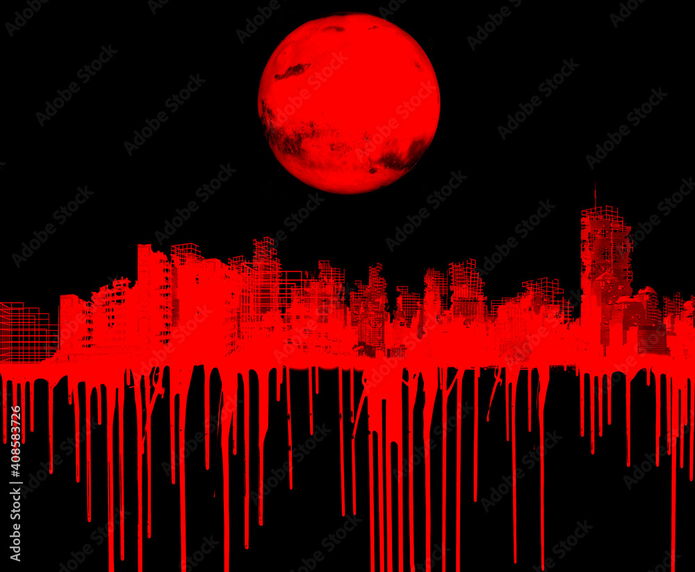 Stylized ruined city in blood red with blood trickling down Stock ...