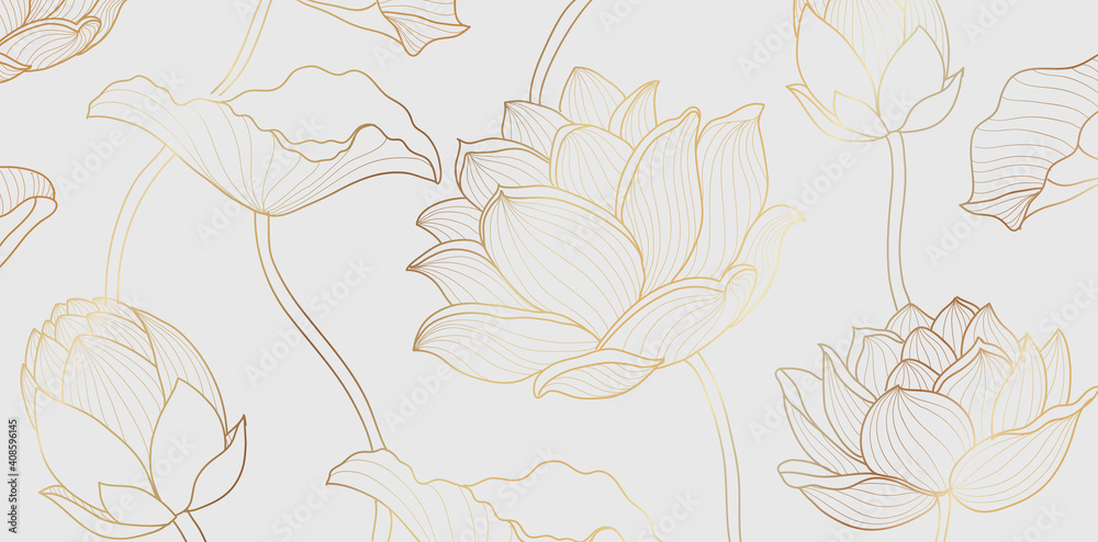 Gold lotus line pattern. Golden design with lotus flower and leaves on ...