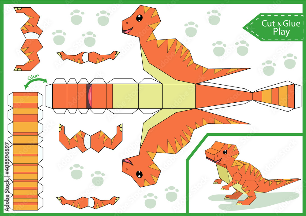 Cut and glue 3d paper dinosaur. Kids worksheet. Children art game. Kids ...