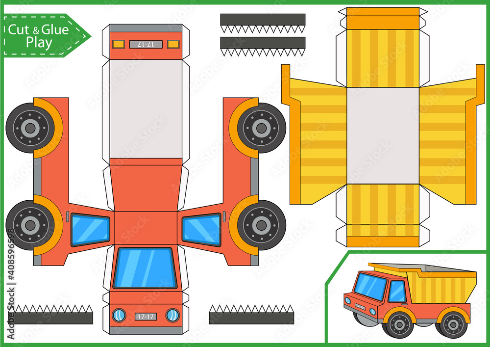 Cut and glue 3d paper truck. Kids craft worksheet. Children art game ...