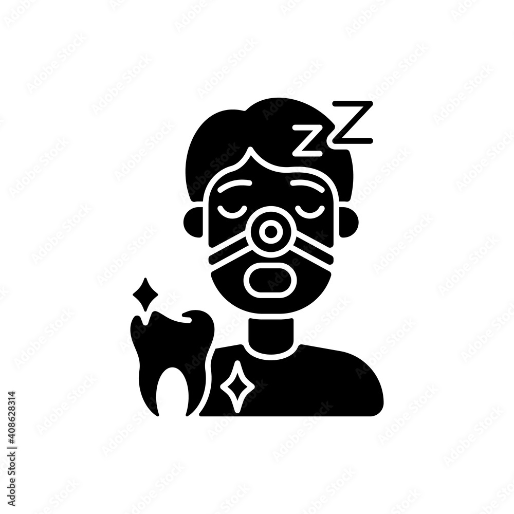 Sleeping dentistry black glyph icon. Stomatology sedation practice ...