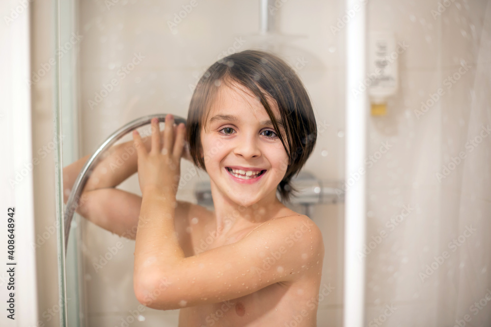 Preteen boy, taking shower, child washing Stock Photo | Adobe Stock