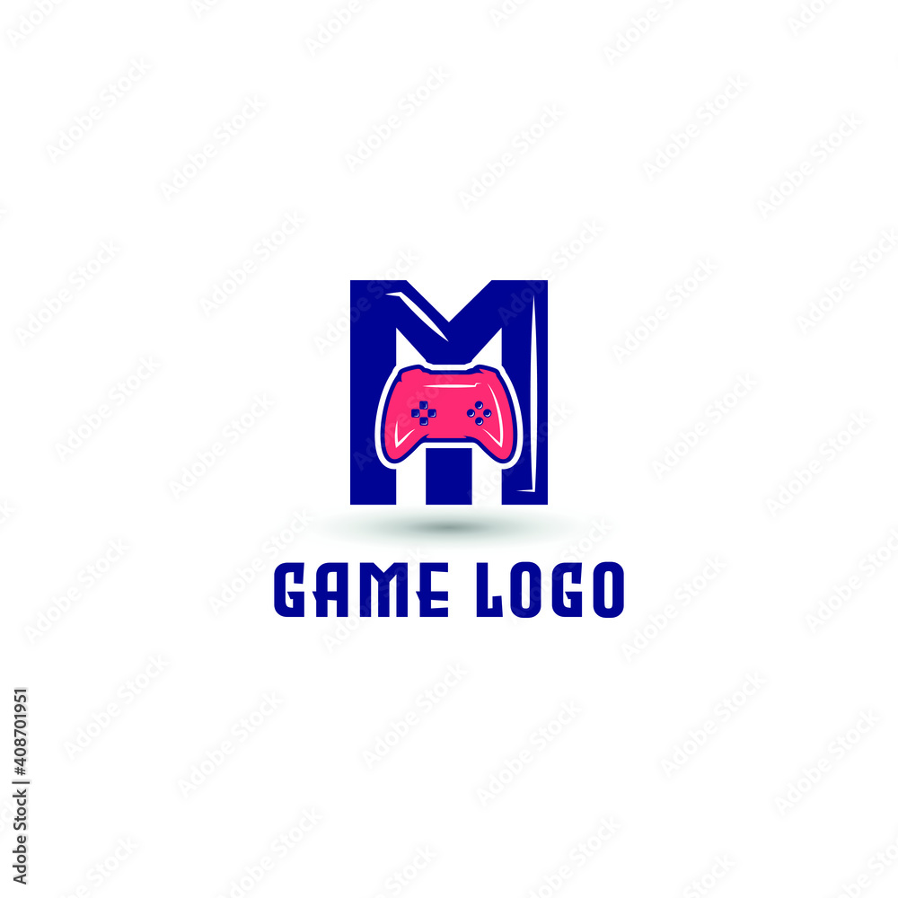 M initial letter with game console icon and pixel for gaming logo ...