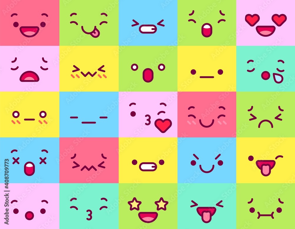 Cute colored faces collection. Happy smile expression, emotion of set ...