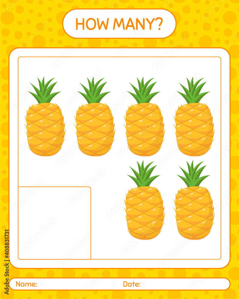 How many counting game with pineapple. worksheet for preschool kids ...