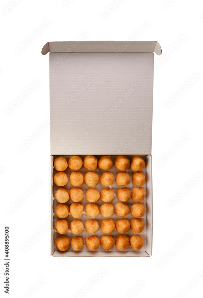 A box of deep fried croquettes for delivery isolated in white ...