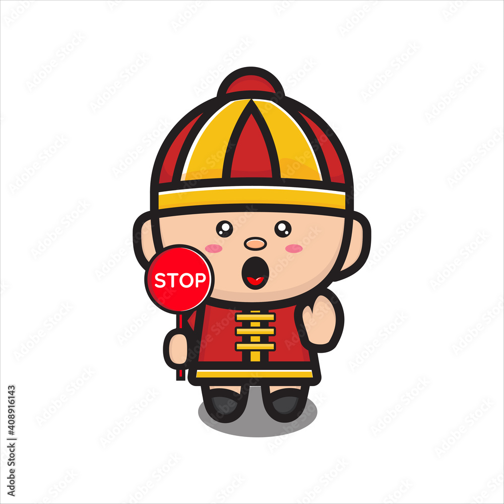 cute chinese boy with stop sign, chinese boy mascot character vector ...