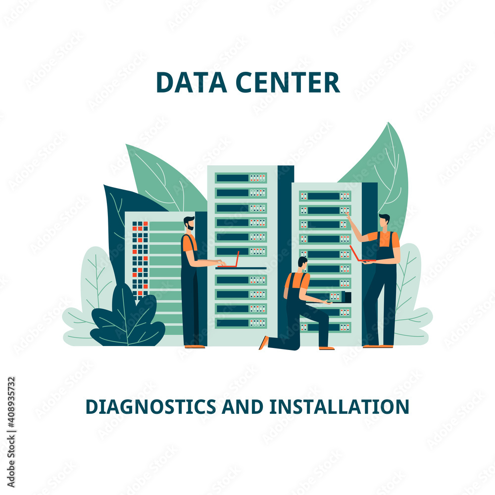 Service engineers administrators set up and configure data centers for future work. Flat ...