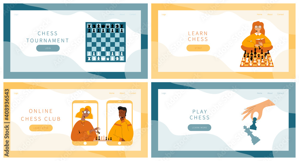 Chess game landing pages set. Two people plays chess online from ...