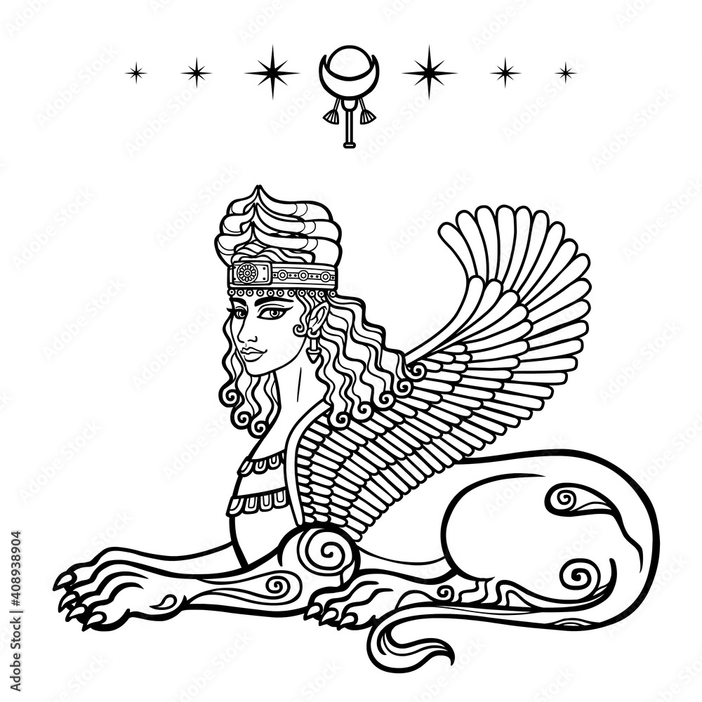 Vector de Stock Animation drawing: sphinx woman with lion body and ...