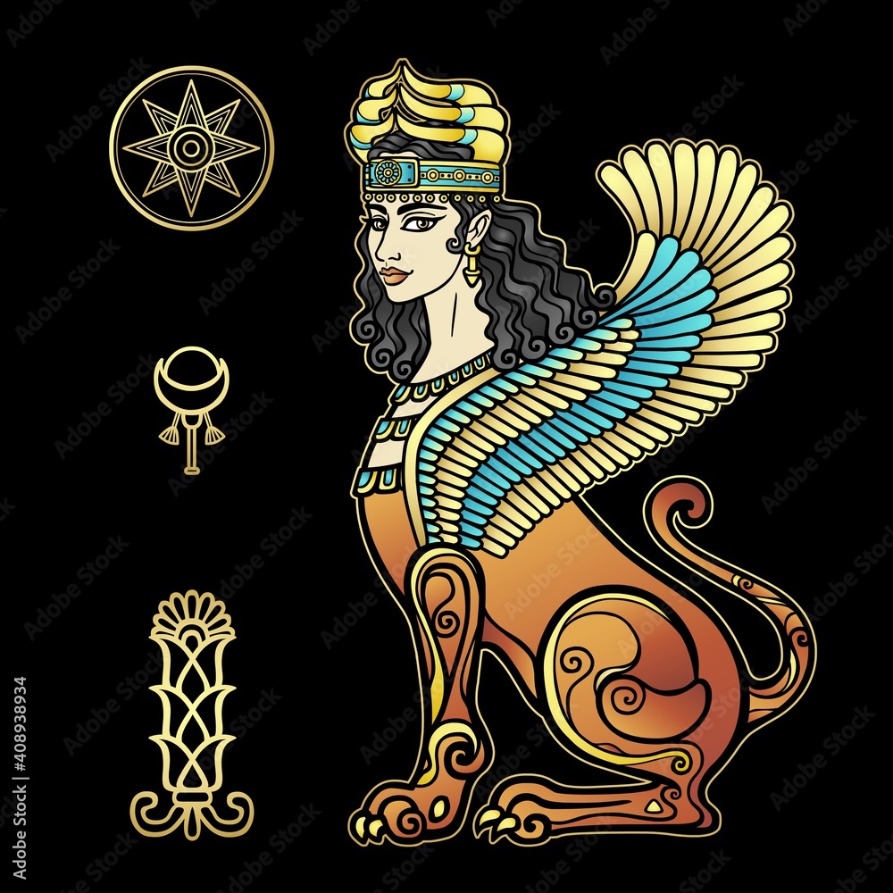 Image vectorielle Stock Animation color drawing: sphinx woman with lion ...