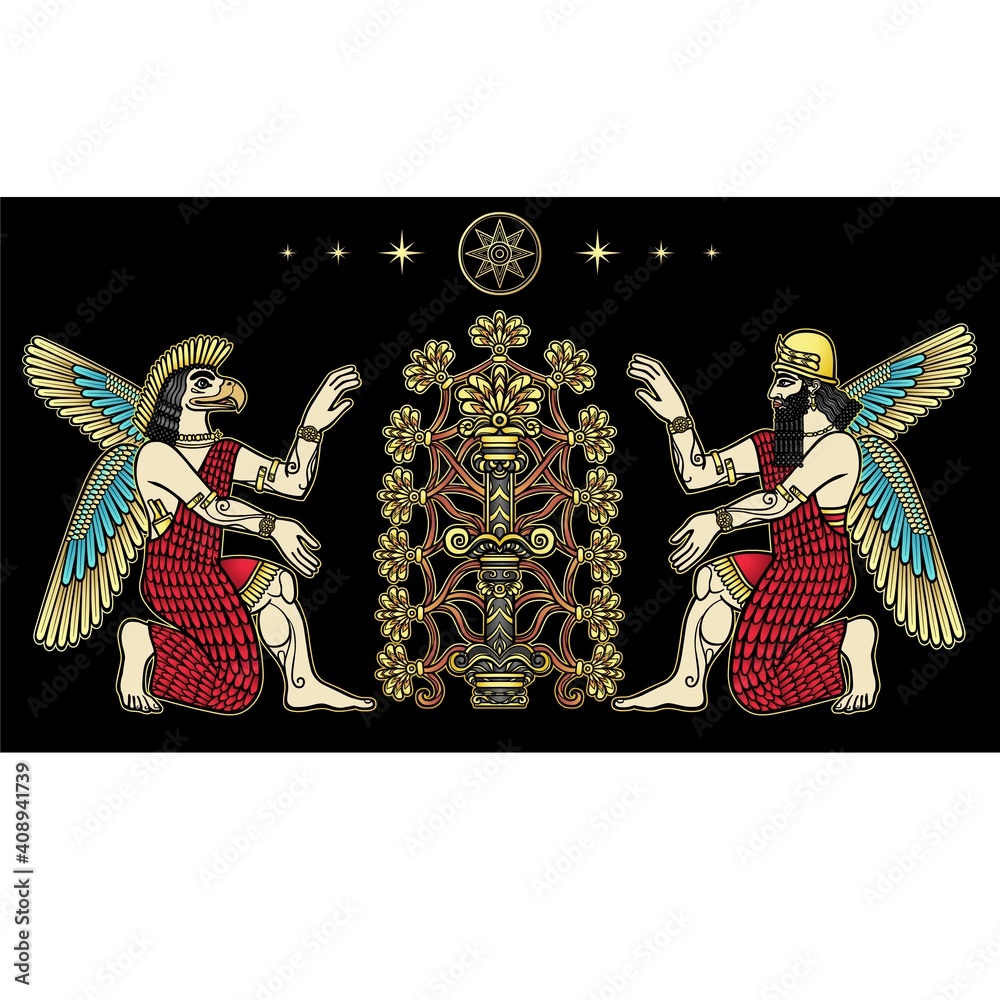 Animation color drawing: divine man bird and ancient king sit at the ...