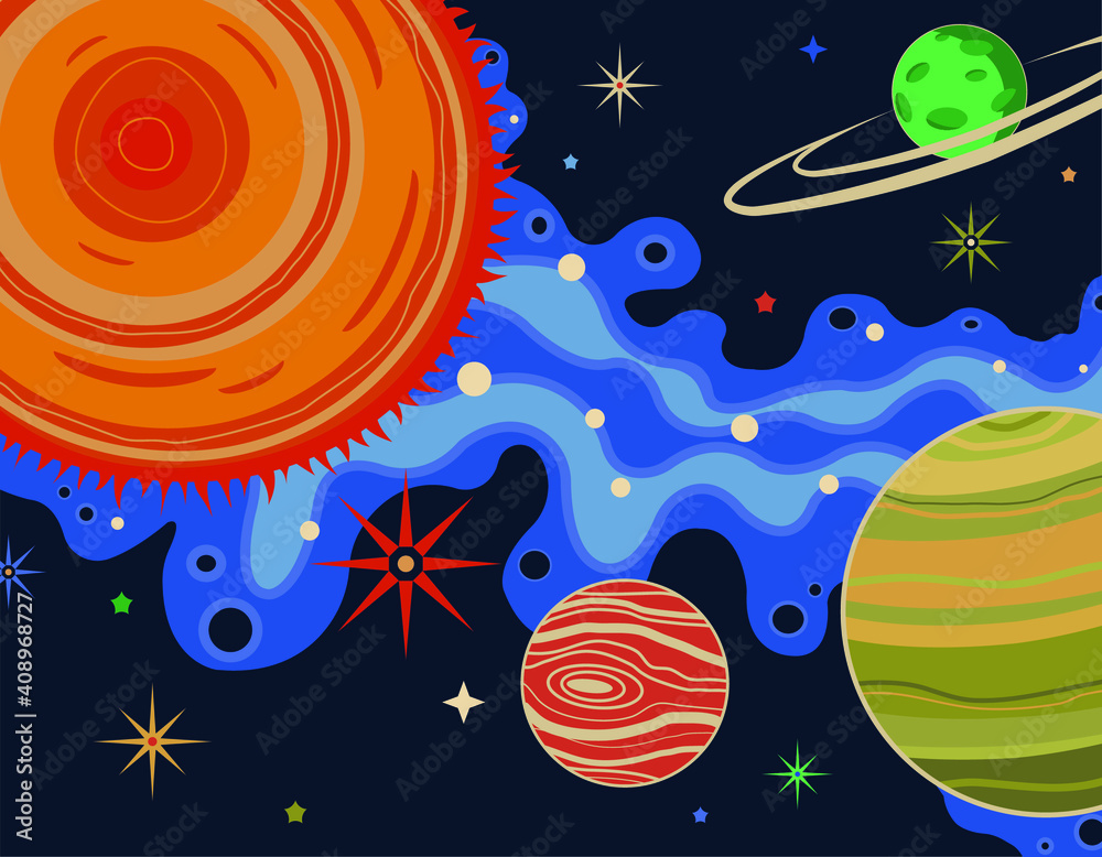 Cartoon space vector illustration in retro style. Acid colors galaxy ...
