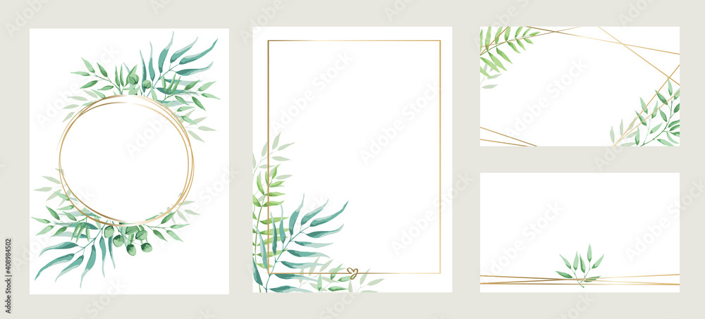 Green leaves -- set of templates for invitations. Three Vector ...