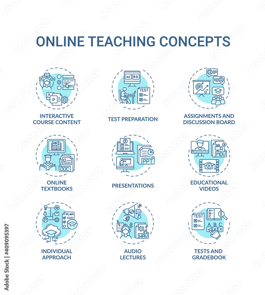 Online teaching concept icons set. Interactive course content. Online ...