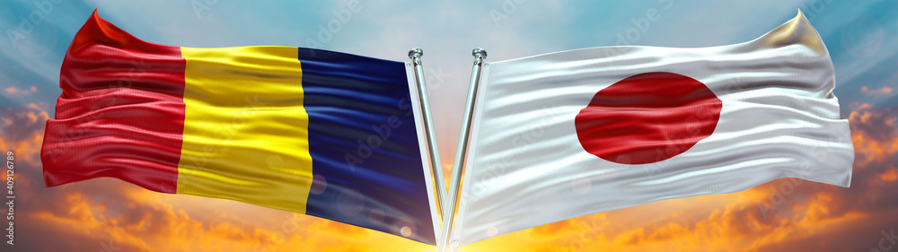 Japan Flag and Chad flag waving with texture sky Cloud and sunset ...