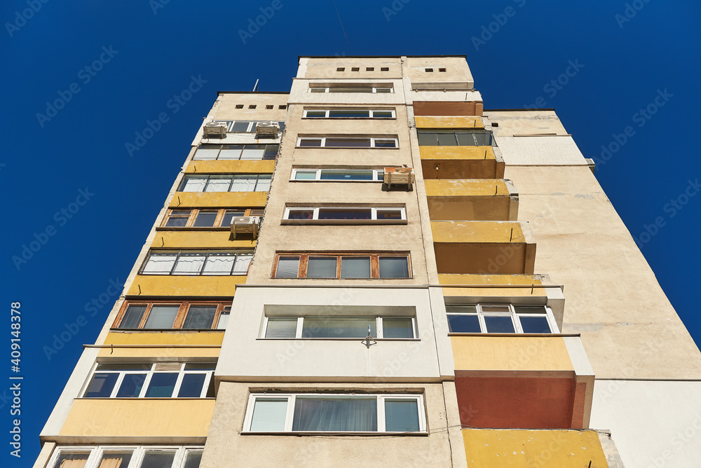 High apartment building of Soviet construction bottom view of a tall ...