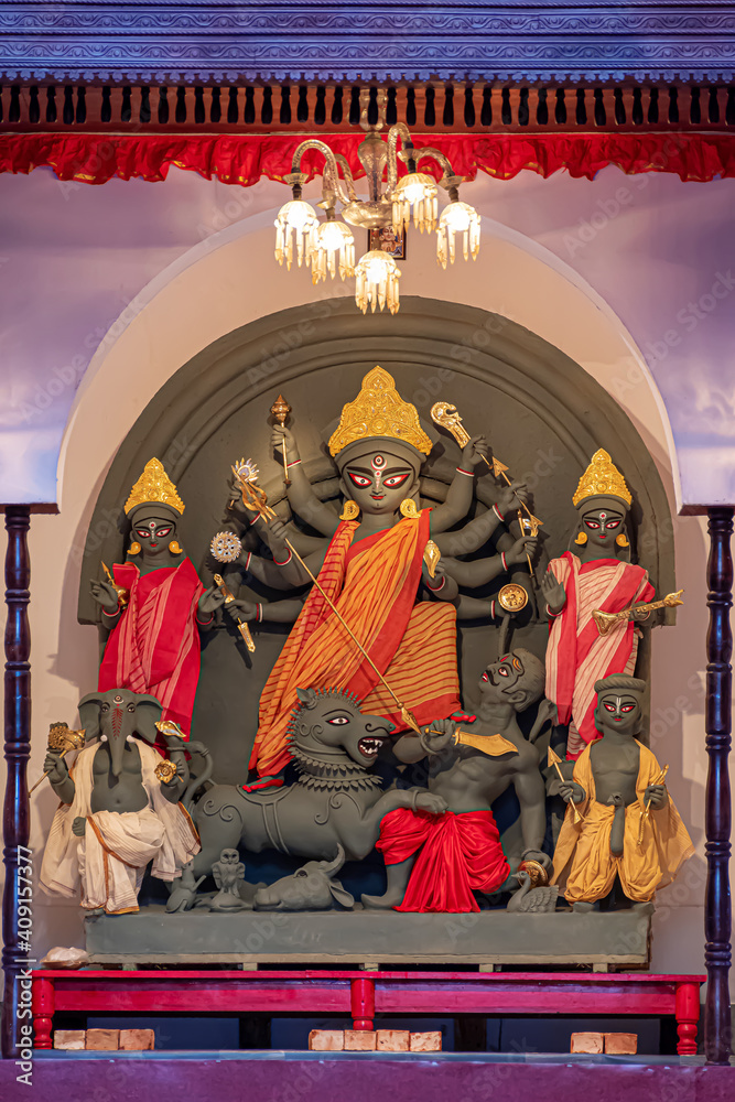 Idol of Goddess Devi Durga at a decorated puja pandal in Kolkata, West ...