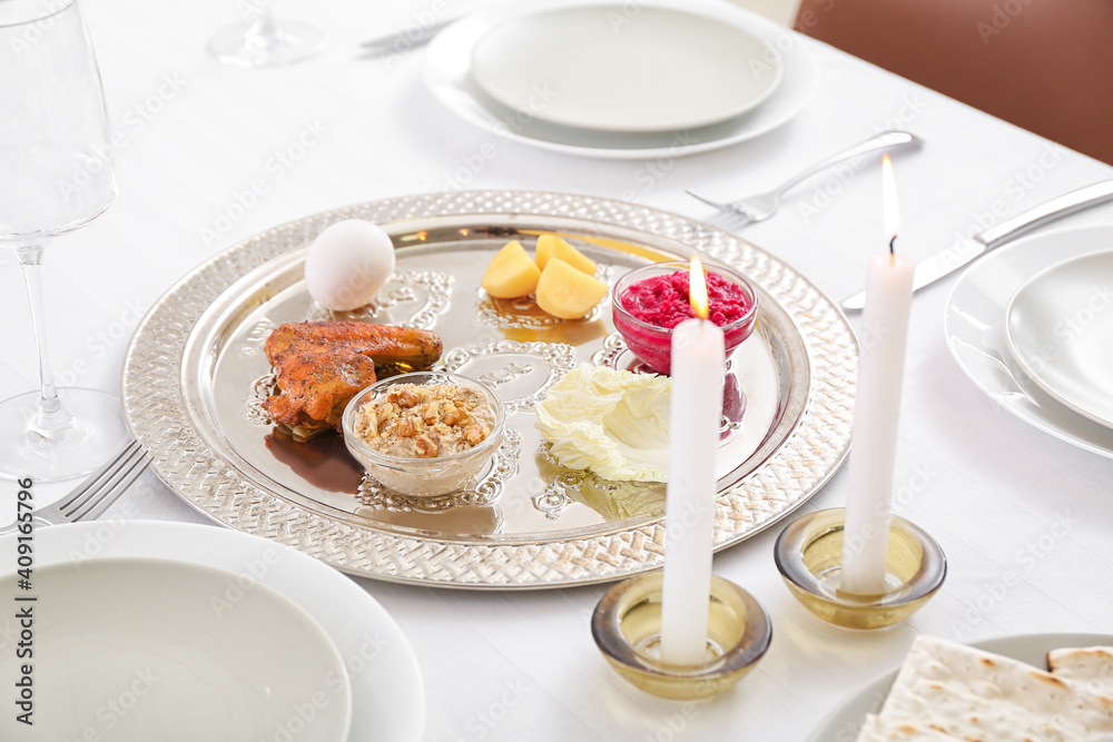 Passover Seder plate with traditional food on served table Stock Photo ...