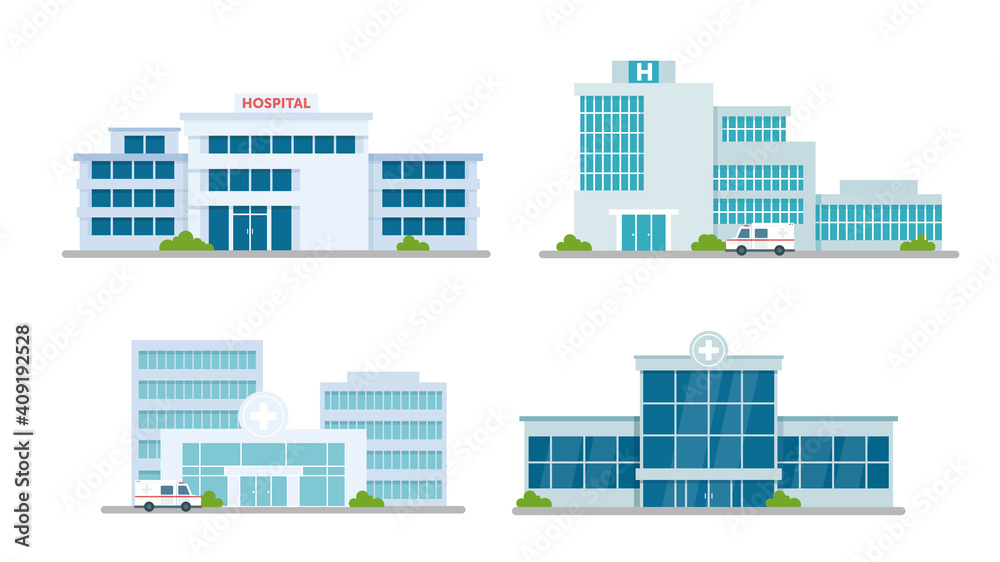 Hospital building medical office vector illustration set. Cartoon ...