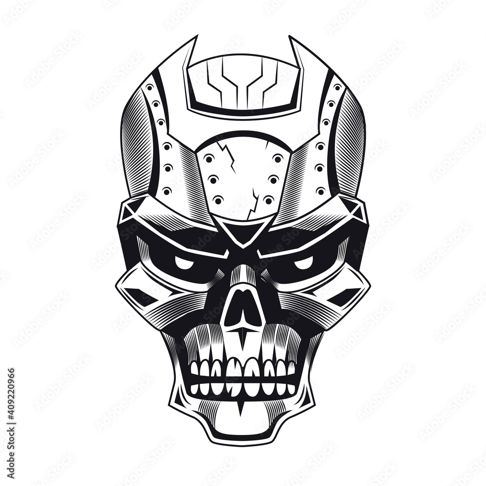 Cyborg skull emblem design. Monochrome element with aggressive humanoid ...