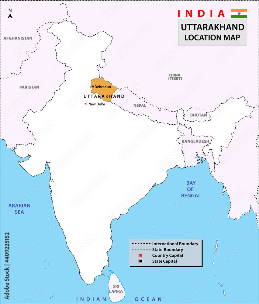 Uttarakhand Map. Highlight Uttarakhand map on India map with a boundary ...