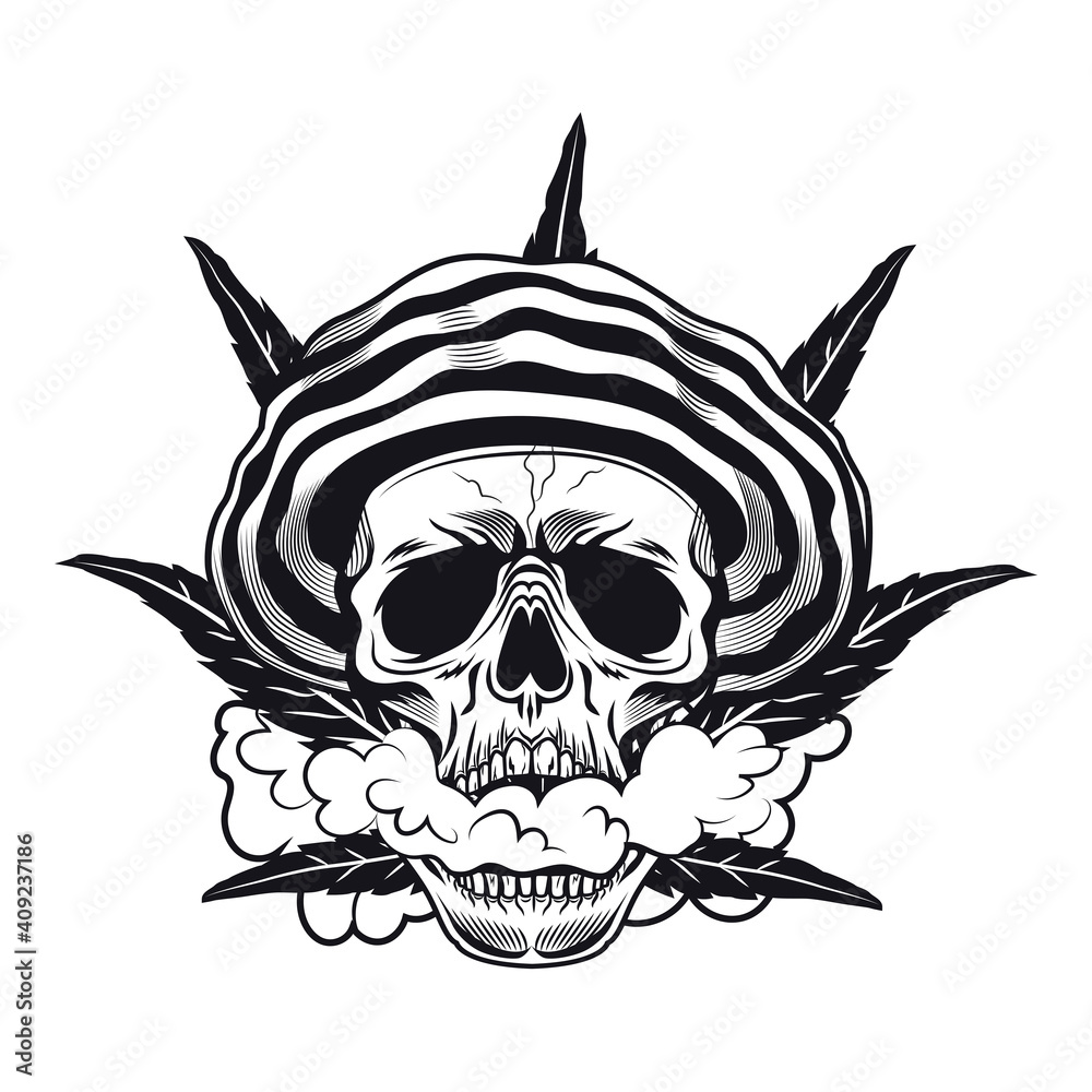 Hemp smoker symbol design. Monochrome element with skull in rastaman ...