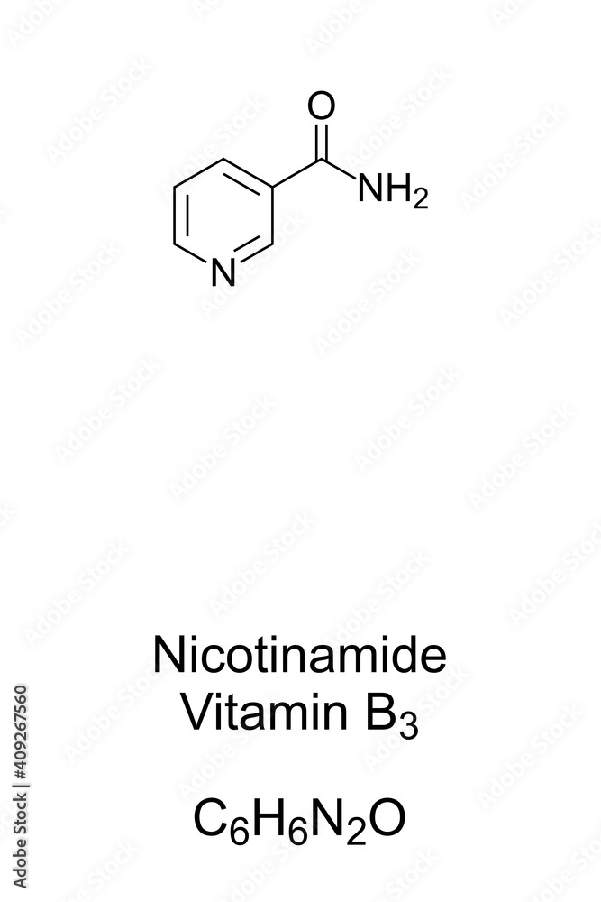 Nicotinamide, NAM, chemical structure and skeletal formula. A vitamer ...