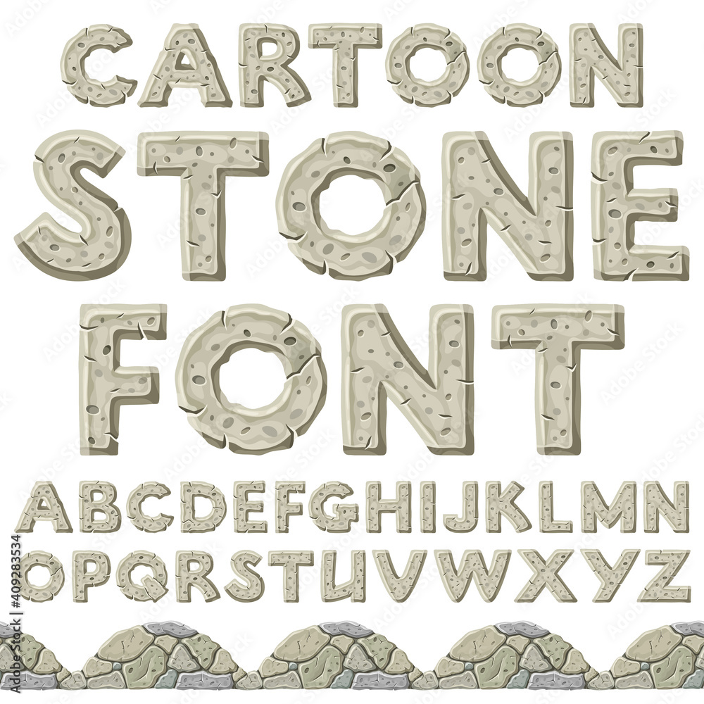 Cartoon rock alphabet font. Stone age character letters. Seamless old ...
