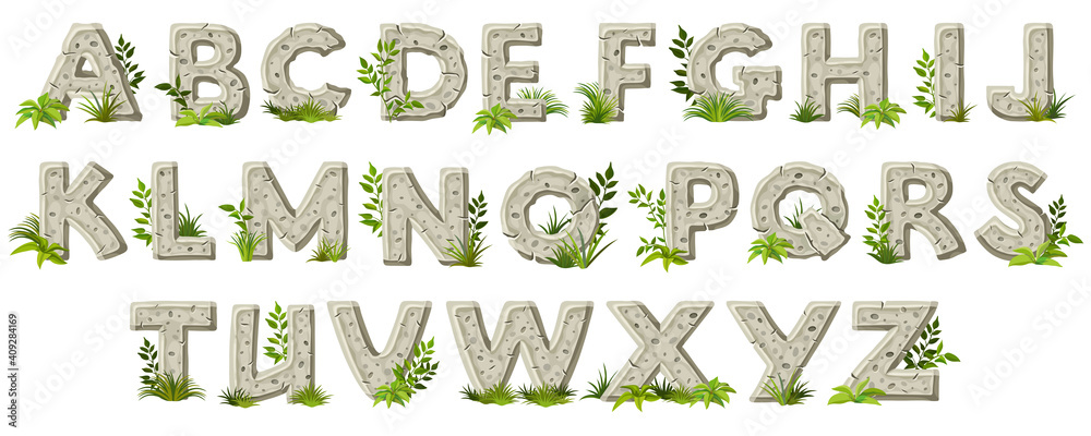 Cartoon rock alphabet font with leaves and grass. Stone age writing ...