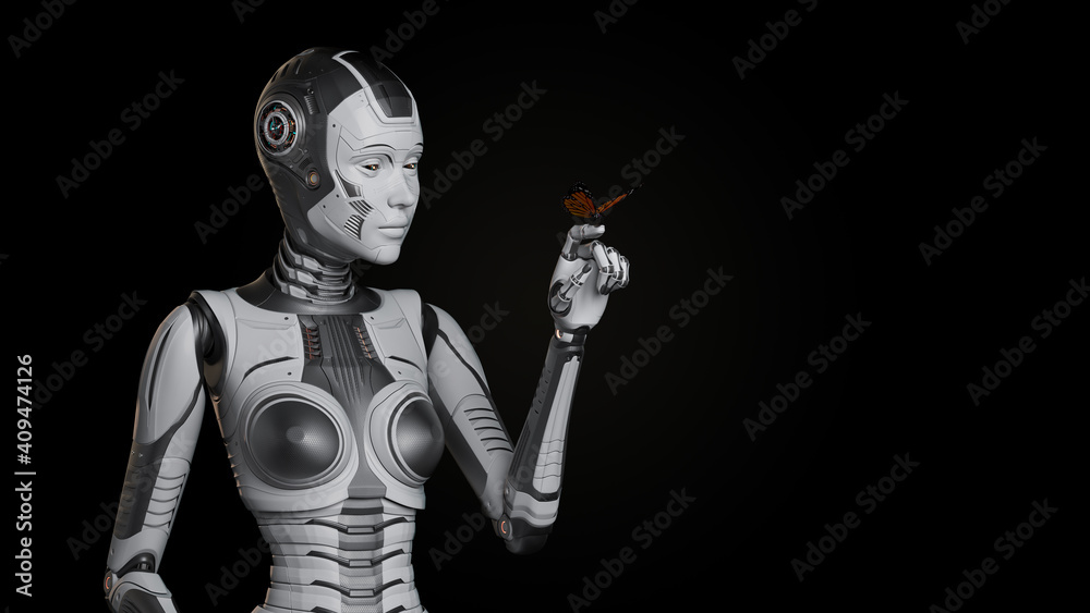 3d render of detailed robot woman or humanoid cyber girl looking at a butterfly sitting on her ...
