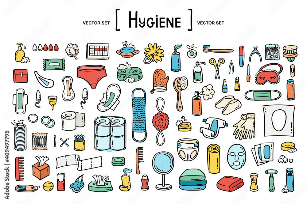 Vector hand drawn set on the theme of personal hygiene, remedies ...