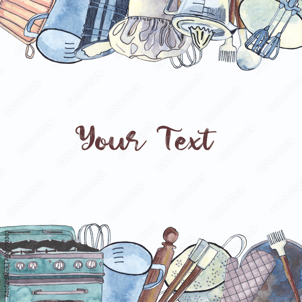 Ilustración de Stock Frame border with stove, rolling pin, tongs ...