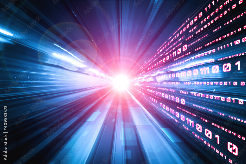 Digital data flow on road with motion blur to create vision of fast ...