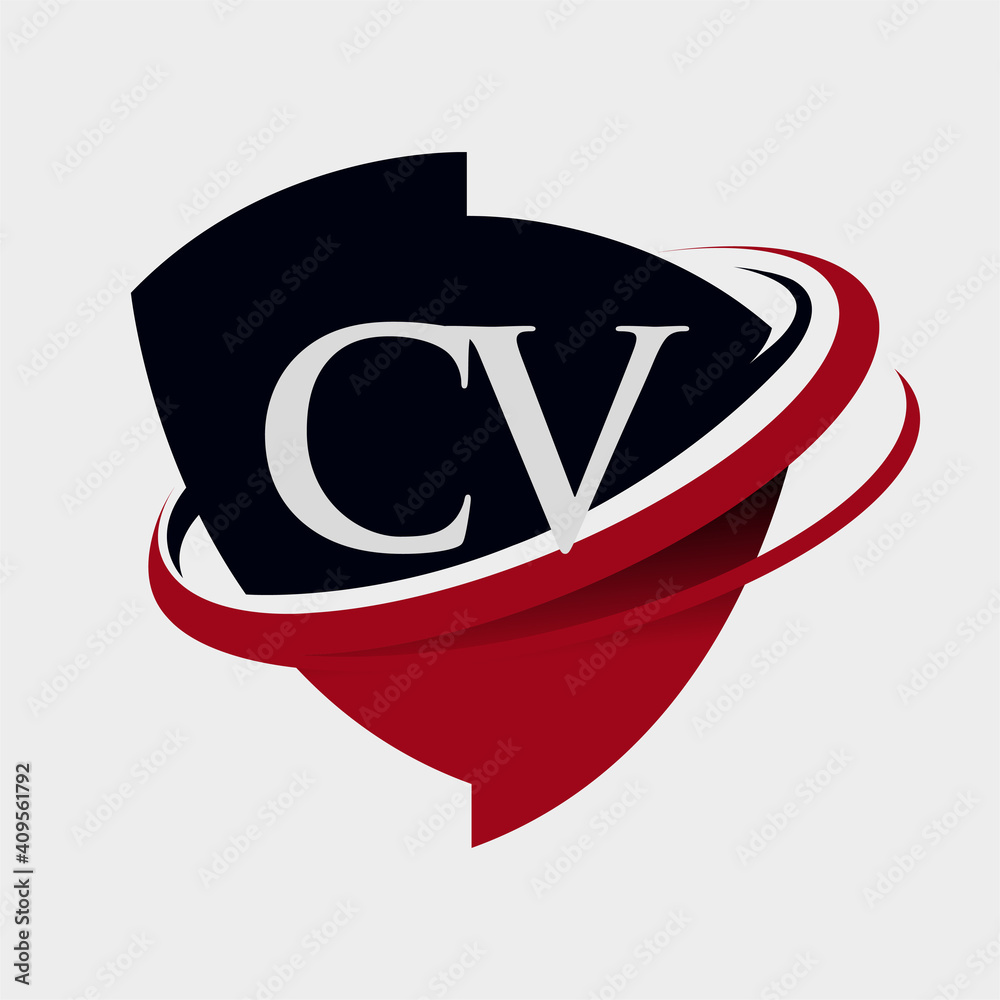 initial letter CV logotype company name colored red and black swoosh ...
