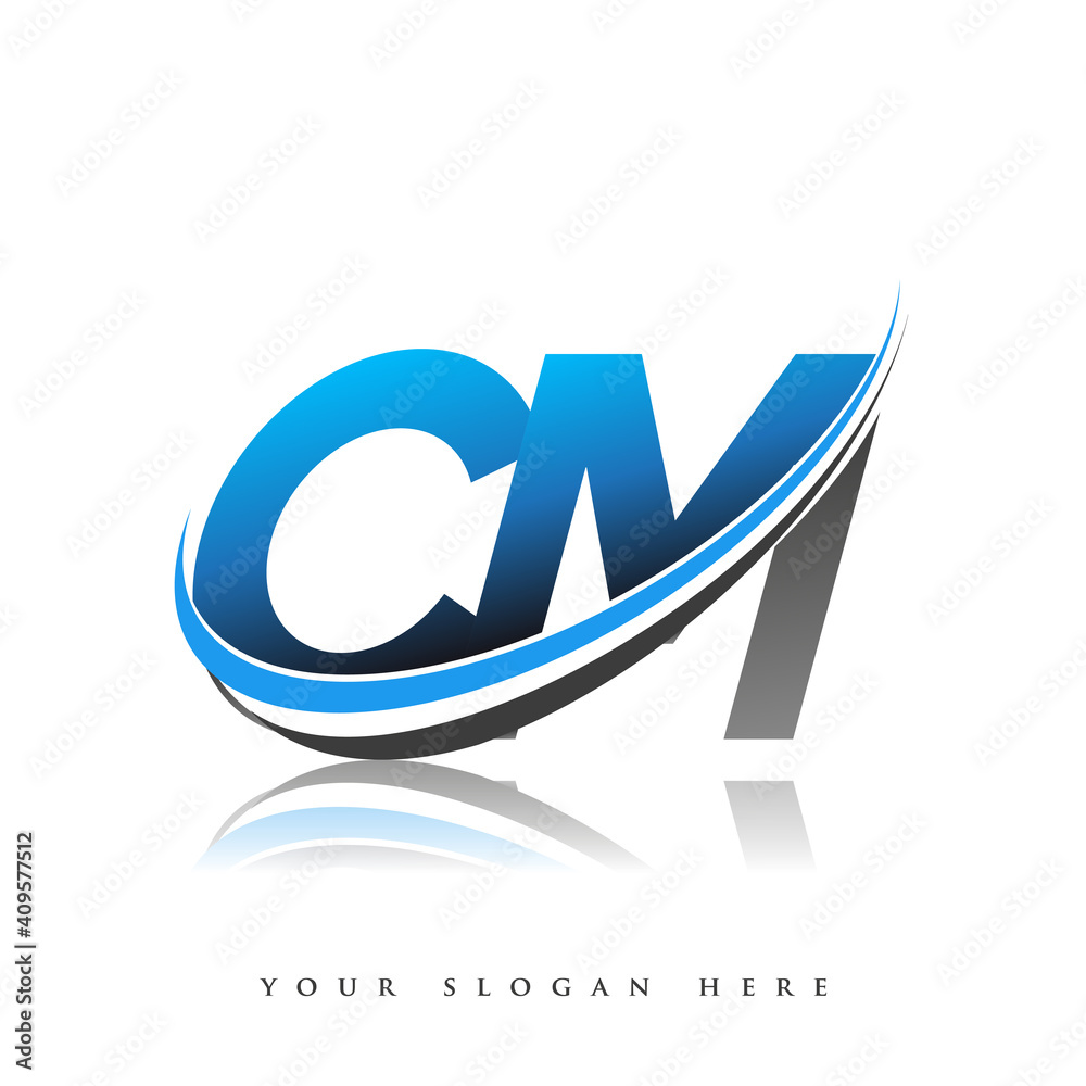CM initial logo company name colored blue and black swoosh design, isolated on white background ...