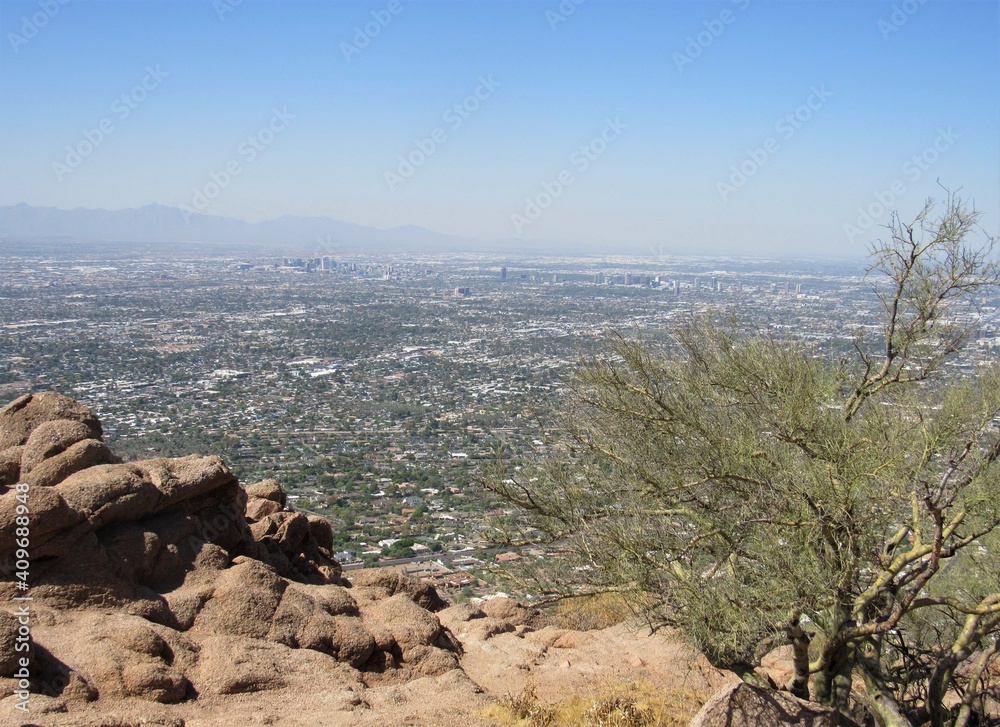 Lookout view on Camelback Mountain with towns and cities in the ...