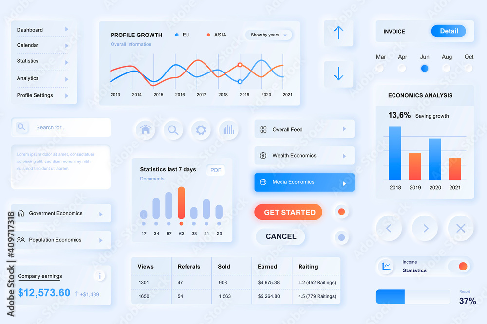 User interface elements for data analisys mobile app. Unique neumorphic ...