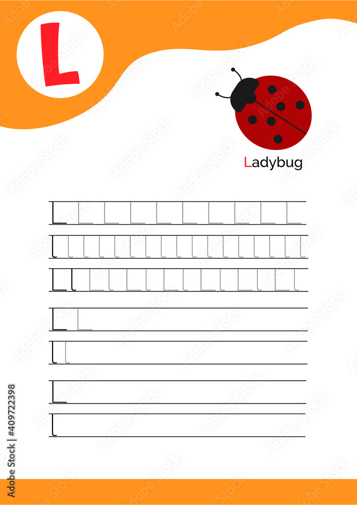 Letter L with a picture of ladybug and seven lines of letter L writing ...