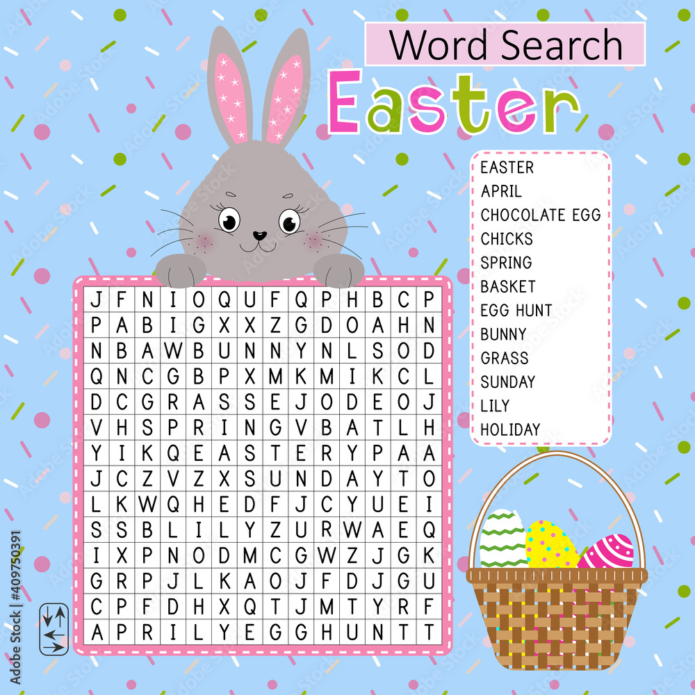 Easter word search puzzle with cute rabbit and basket. Educational game ...