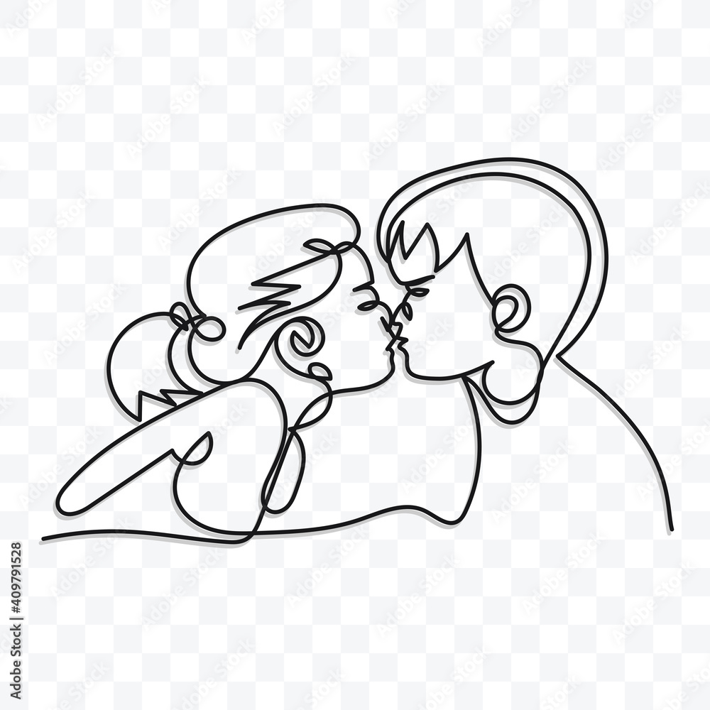 Continuous line drawing of love man and woman kissing on transparent ...