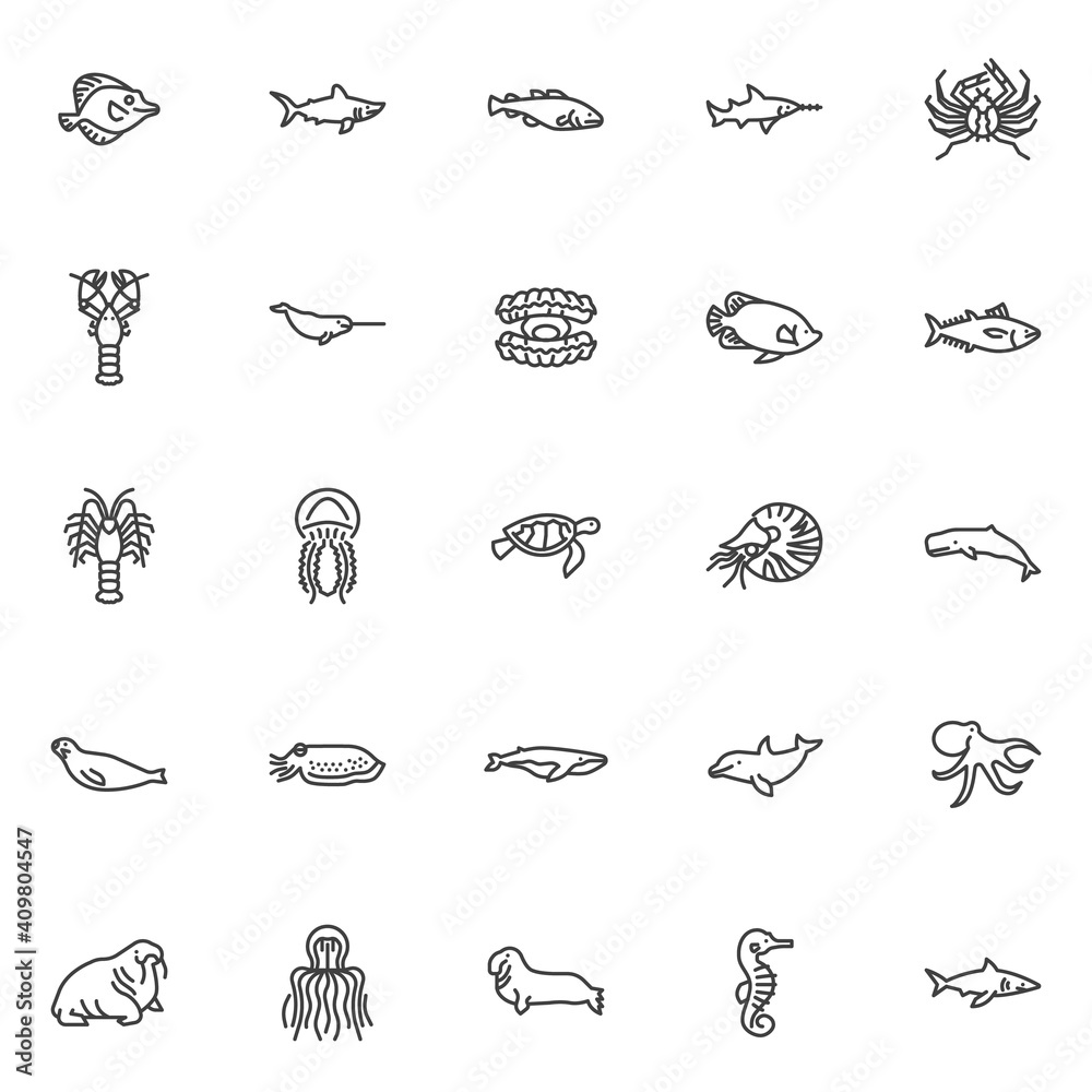 Marine life line icons set. linear style symbols collection, outline ...