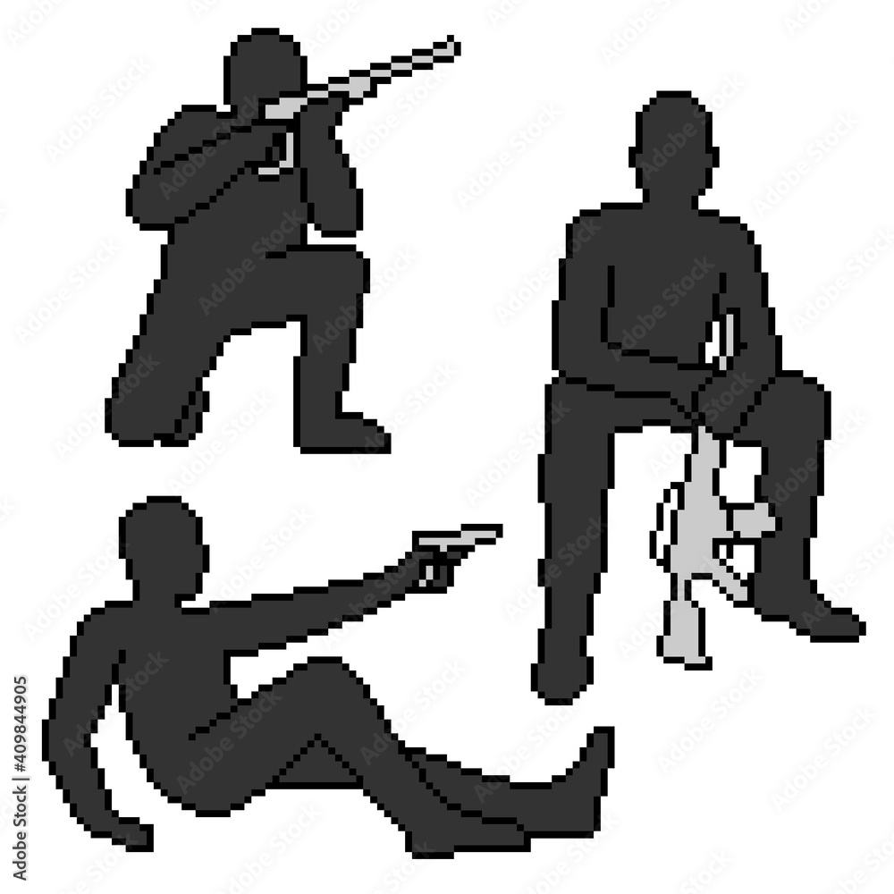set of pixel art isolated silhouette man with gun Stock Vector | Adobe ...
