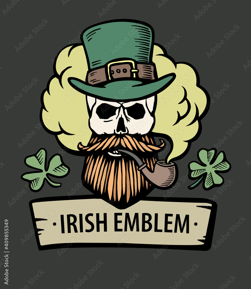 Hand-drawn irish skull with green hat, red mustache and beard and ...