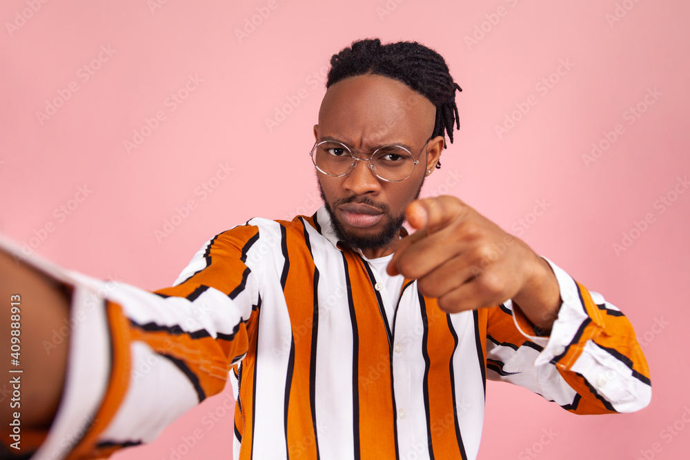 Hey you! Strict rude afro-american man blogger with beard and ...