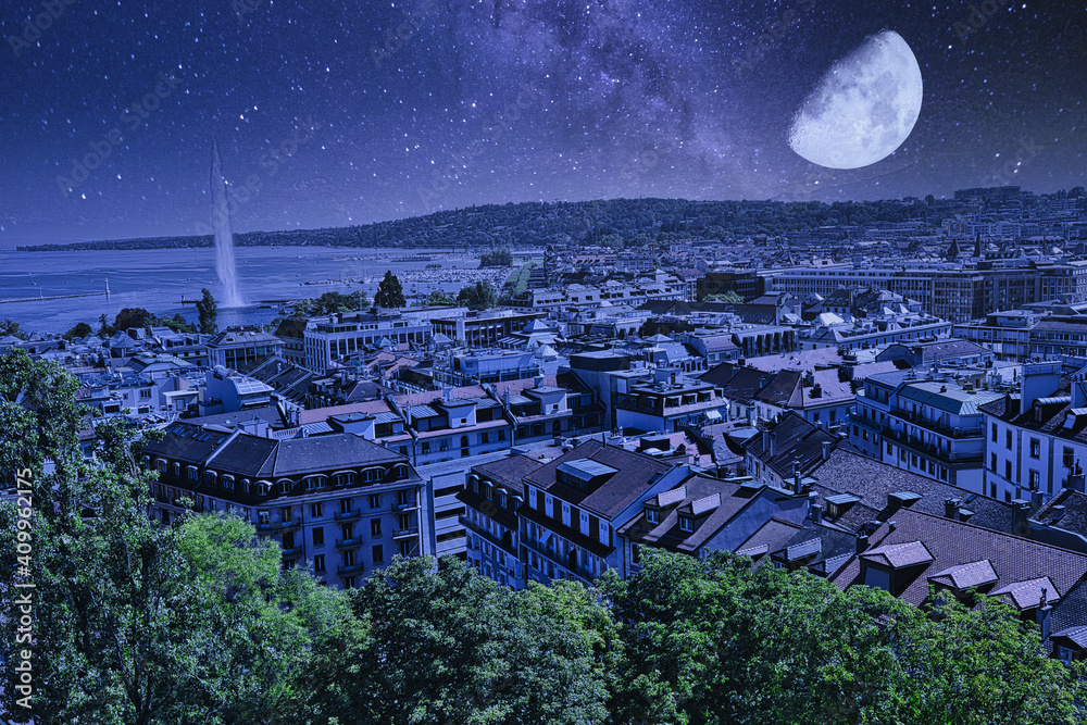 Starry sky with full moon at night over Geneva skyline cityscape ...