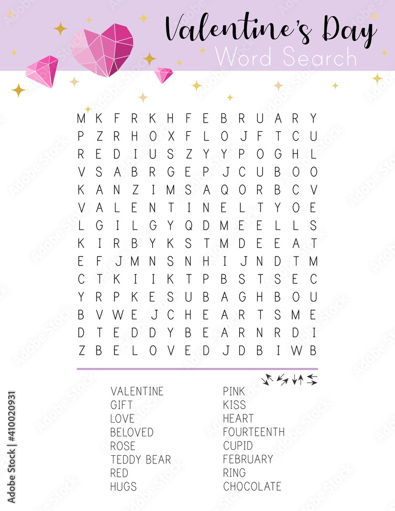 St. Valentine's Day word search puzzle. Educational game for learning ...