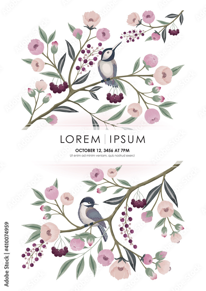 Vector illustration of a floral frame with little birds on branch in ...