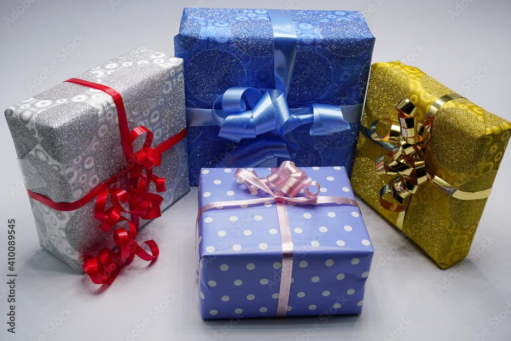 Boxes of presents and gifs of different shapes sizes and colours Stock ...