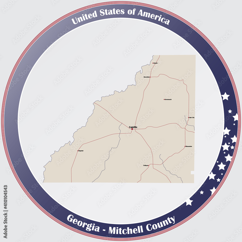 Large and detailed map of Mitchell county in Georgia, USA. Stock Vector ...